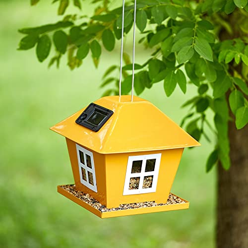 JUYUAN Solar Bird Feeder Yellow House Hanging Outdoor for Cardinal, Metal Rain Proof for Wild Bird, Small Cute Home Design and Lights up Automatically at Night, Decorative Gifts (Yellow)