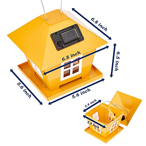 JUYUAN Solar Bird Feeder Yellow House Hanging Outdoor for Cardinal, Metal Rain Proof for Wild Bird, Small Cute Home Design and Lights up Automatically at Night, Decorative Gifts (Yellow)