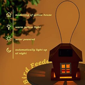 JUYUAN Solar Bird Feeder Yellow House Hanging Outdoor for Cardinal, Metal Rain Proof for Wild Bird, Small Cute Home Design and Lights up Automatically at Night, Decorative Gifts (Yellow)