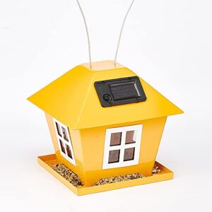 JUYUAN Solar Bird Feeder Yellow House Hanging Outdoor for Cardinal, Metal Rain Proof for Wild Bird, Small Cute Home Design and Lights up Automatically at Night, Decorative Gifts (Yellow)