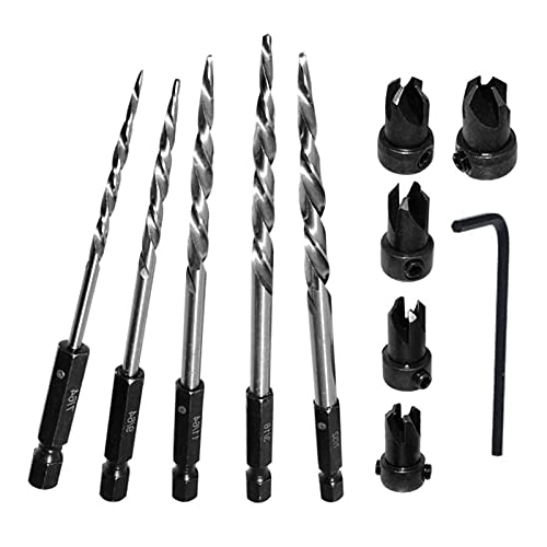 Wood Countersink Drill Bit, 11 PC Wood Drill Bit #4, 6, 8, 10, 12, Tapered Drill Bits with 1/4" Hex Shank, Chamfered Adjustable Counter Sinker Drill Bit Set for Woodworking