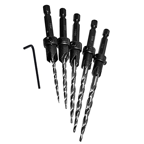 Wood Countersink Drill Bit, 11 PC Wood Drill Bit #4, 6, 8, 10, 12, Tapered Drill Bits with 1/4" Hex Shank, Chamfered Adjustable Counter Sinker Drill Bit Set for Woodworking