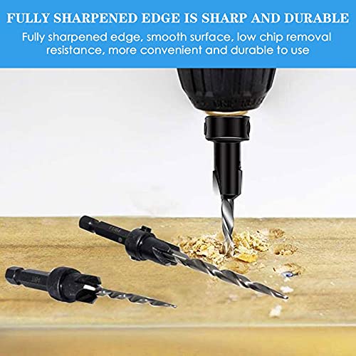 Wood Countersink Drill Bit, 11 PC Wood Drill Bit #4, 6, 8, 10, 12, Tapered Drill Bits with 1/4" Hex Shank, Chamfered Adjustable Counter Sinker Drill Bit Set for Woodworking