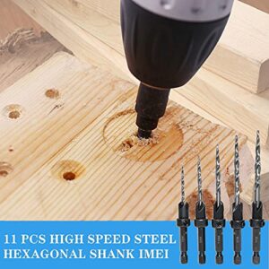 Wood Countersink Drill Bit, 11 PC Wood Drill Bit #4, 6, 8, 10, 12, Tapered Drill Bits with 1/4" Hex Shank, Chamfered Adjustable Counter Sinker Drill Bit Set for Woodworking