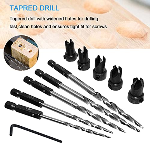 Wood Countersink Drill Bit, 11 PC Wood Drill Bit #4, 6, 8, 10, 12, Tapered Drill Bits with 1/4" Hex Shank, Chamfered Adjustable Counter Sinker Drill Bit Set for Woodworking