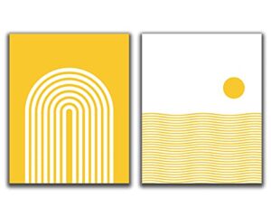 mid century modern wall art - set of 2-8x10" unframed prints - yellow scandinavian, minimal wall decor - ocean, sun & moon wall art (mustard)