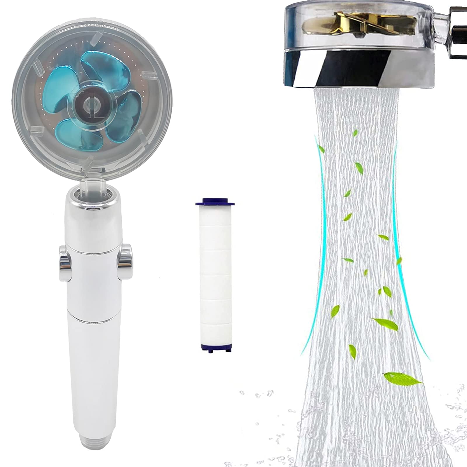 Propeller Turbo Fan 360 Spinning High Pressure Hydro Jet Shower Head - Easy Install Vortex Propeller Driven Spa Shower Heads With Filter (Bule)