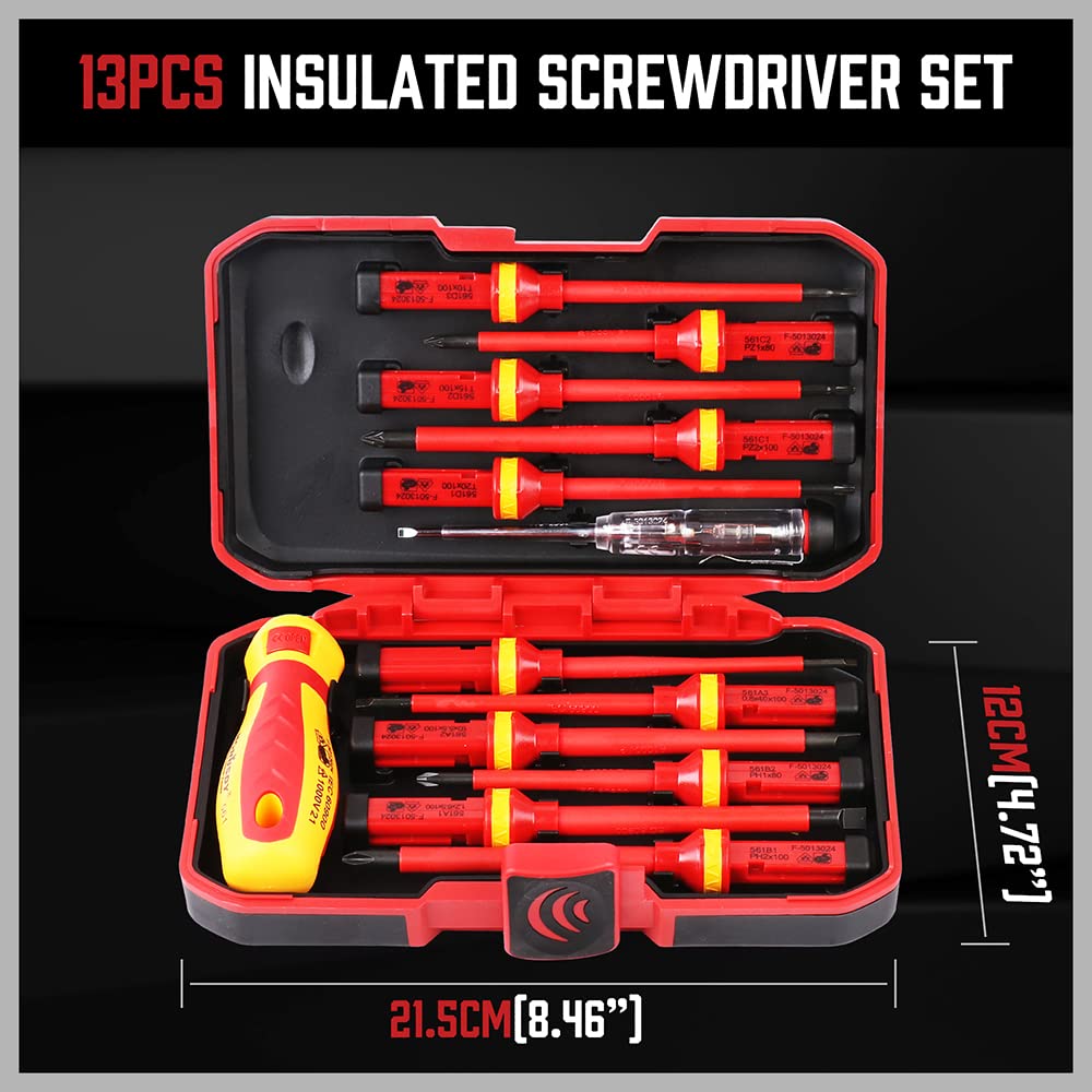 1000V Insulated Electrician Screwdriver Set - 13-Piece Professional Electrical Screwdriver Set Insulation Handle CRV Steel Magnetic Phillips Slotted Pozi Torx Tips VDE & GS Certified