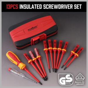 1000V Insulated Electrician Screwdriver Set - 13-Piece Professional Electrical Screwdriver Set Insulation Handle CRV Steel Magnetic Phillips Slotted Pozi Torx Tips VDE & GS Certified