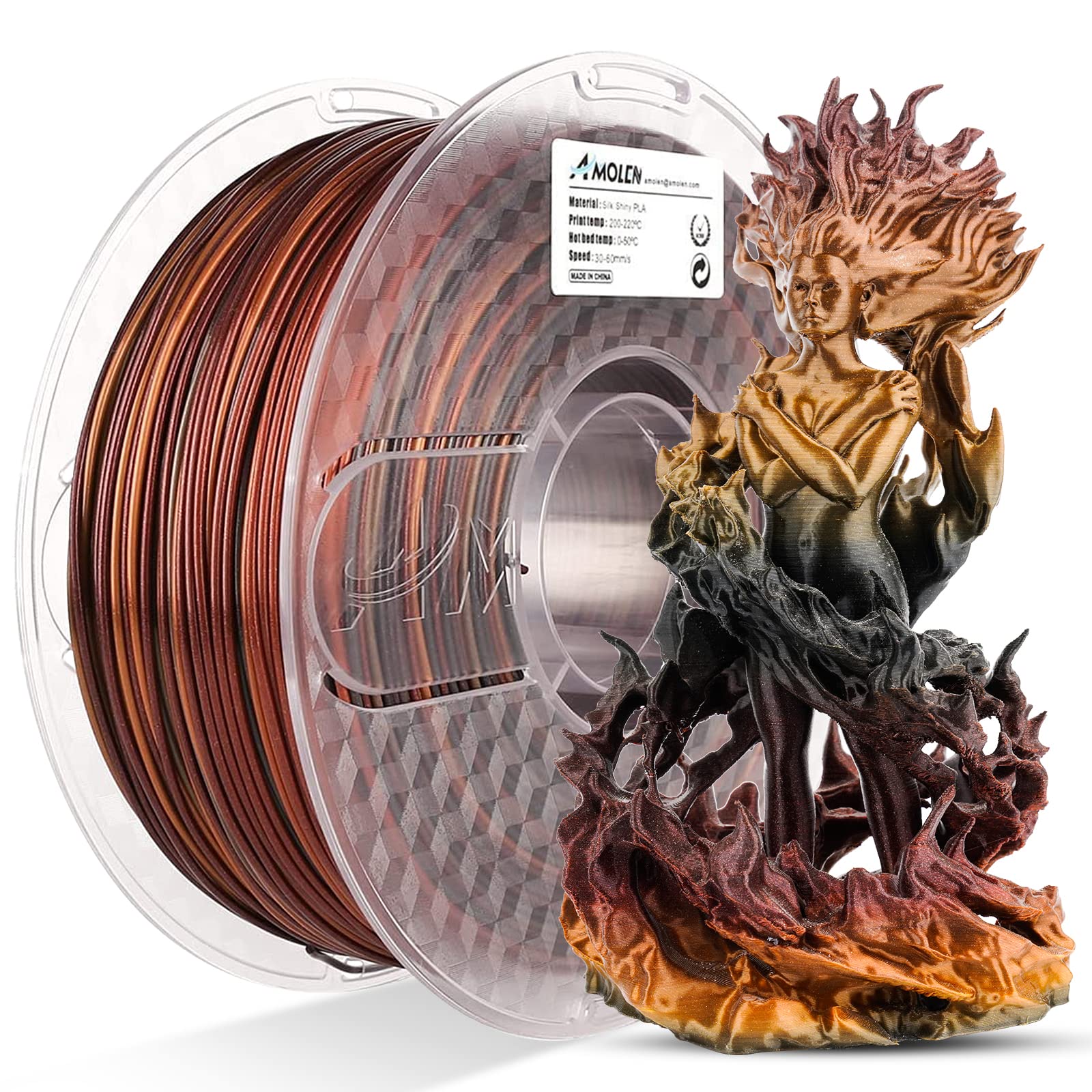 AMOLEN PLA 3D Printer Filament, PLA Filament 1.75mm Silk Black Shiny Red Gold Filament, 3D Printing Filament 1KG/2.2lb