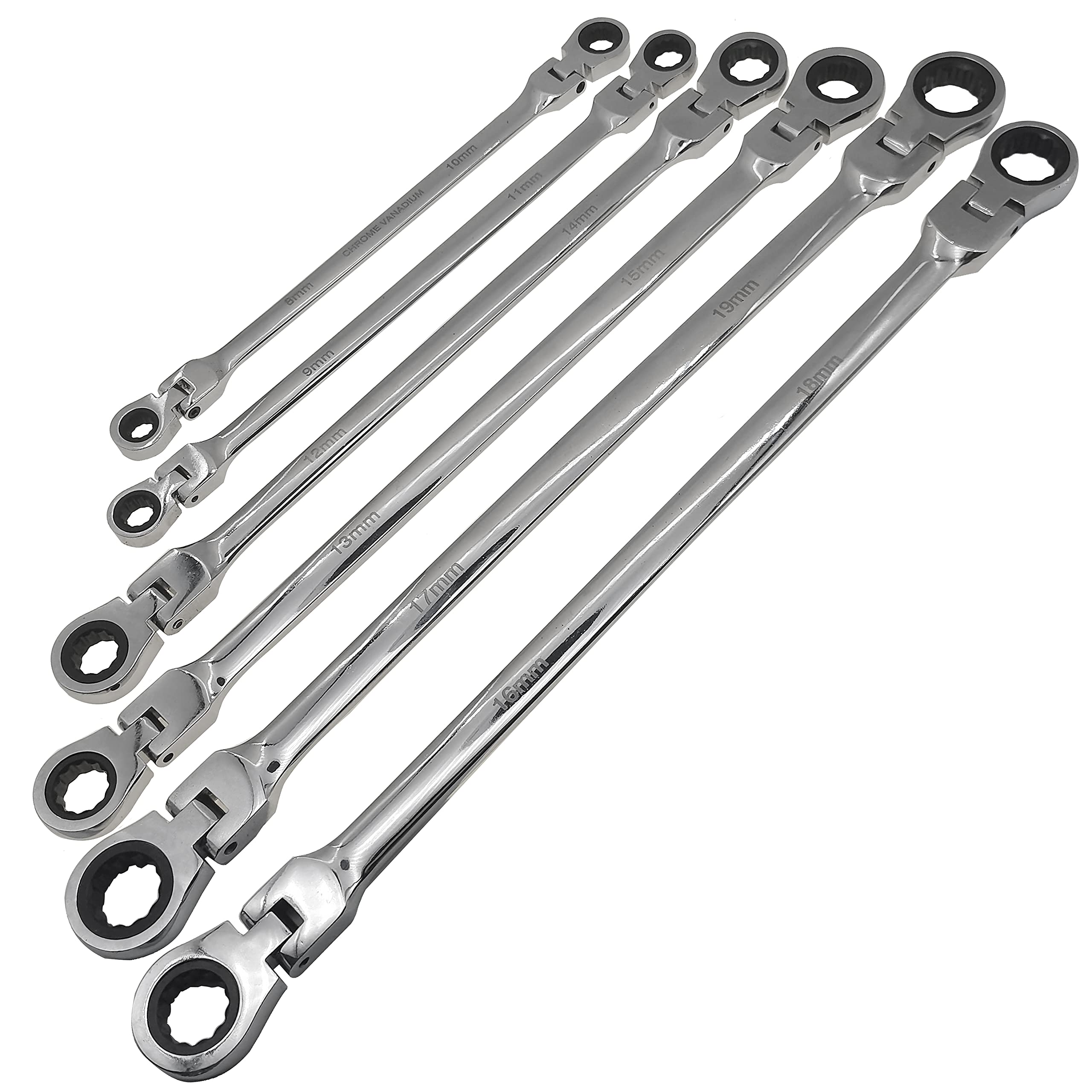 YCTMALL Metric 12 Sizes Extra Long Gear Ratcheting Wrench Set, 8mm-19mm, Made of Chrome Vanadium Steel, Rotatable head