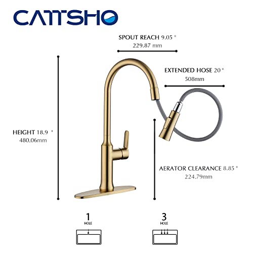 CATTSHO Kitchen Faucet with Pull Down Sprayer, Brass Kitchen Sink Faucet Gold Single Handle High Arc Commercial Spot Resist