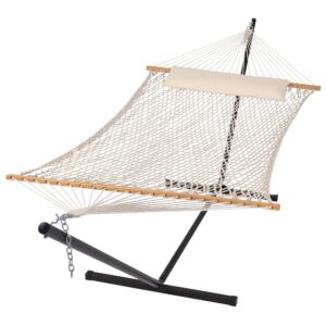 suncreat double outdoor hammock with stand included, portable cotton rope 2 person hammock for outdoor, patio, garden, backyard, beige