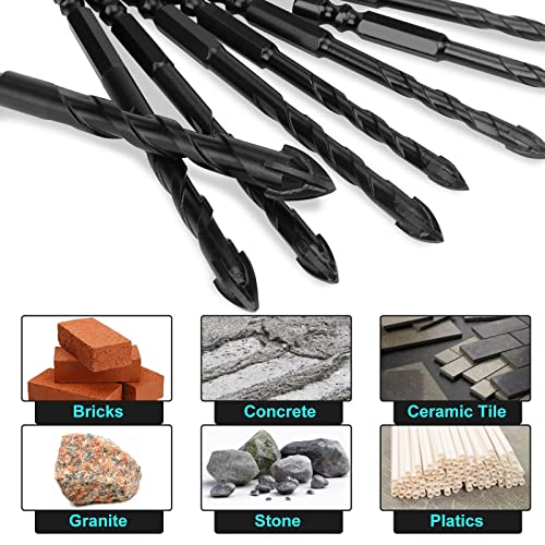 10PCS Masonry Drill Bit Set, 3/16”-1/2” Concrete Drill Bits for Tile Brick Glass Plastic, Tungsten Carbide Tip Drill Bit Work with Wood, Ceramic Tile, Wall Mirror, 1/4" Hex Shank, Black