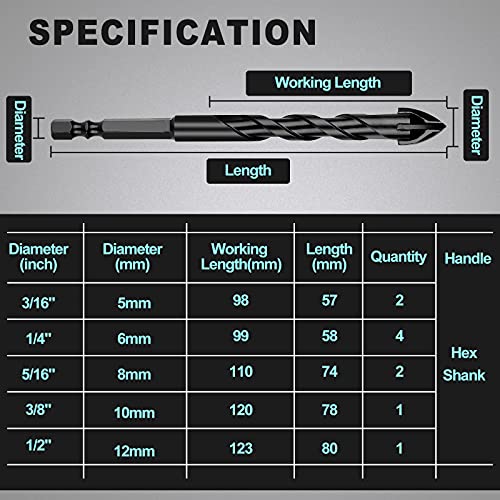 10PCS Masonry Drill Bit Set, 3/16”-1/2” Concrete Drill Bits for Tile Brick Glass Plastic, Tungsten Carbide Tip Drill Bit Work with Wood, Ceramic Tile, Wall Mirror, 1/4" Hex Shank, Black