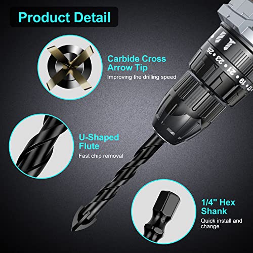 10PCS Masonry Drill Bit Set, 3/16”-1/2” Concrete Drill Bits for Tile Brick Glass Plastic, Tungsten Carbide Tip Drill Bit Work with Wood, Ceramic Tile, Wall Mirror, 1/4" Hex Shank, Black