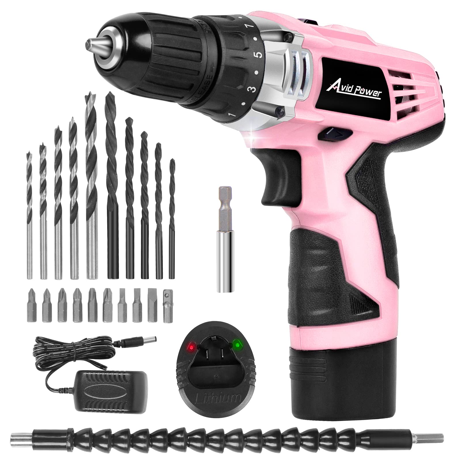 AVID POWER Cordless Drill Pink, 12V Power Drill Set with 22pcs Impact Driver/Drill Bits, 2 Variable Speed, 3/8'' Keyless Chuck, 15+1 Torque Setting (Pink)