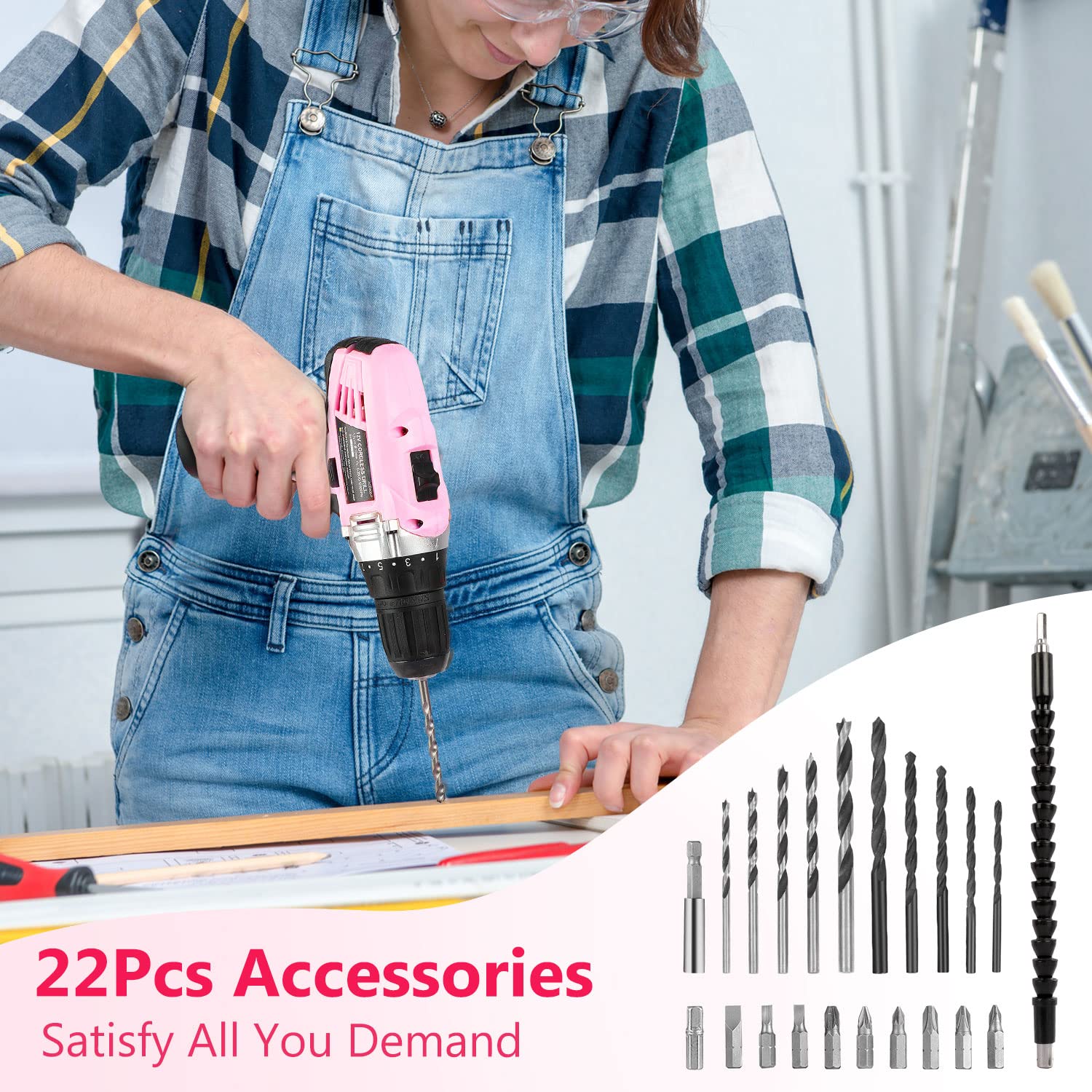 AVID POWER Cordless Drill Pink, 12V Power Drill Set with 22pcs Impact Driver/Drill Bits, 2 Variable Speed, 3/8'' Keyless Chuck, 15+1 Torque Setting (Pink)