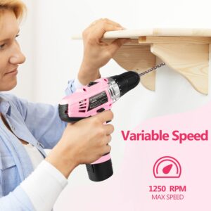 AVID POWER Cordless Drill Pink, 12V Power Drill Set with 22pcs Impact Driver/Drill Bits, 2 Variable Speed, 3/8'' Keyless Chuck, 15+1 Torque Setting (Pink)