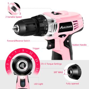 AVID POWER Cordless Drill Pink, 12V Power Drill Set with 22pcs Impact Driver/Drill Bits, 2 Variable Speed, 3/8'' Keyless Chuck, 15+1 Torque Setting (Pink)