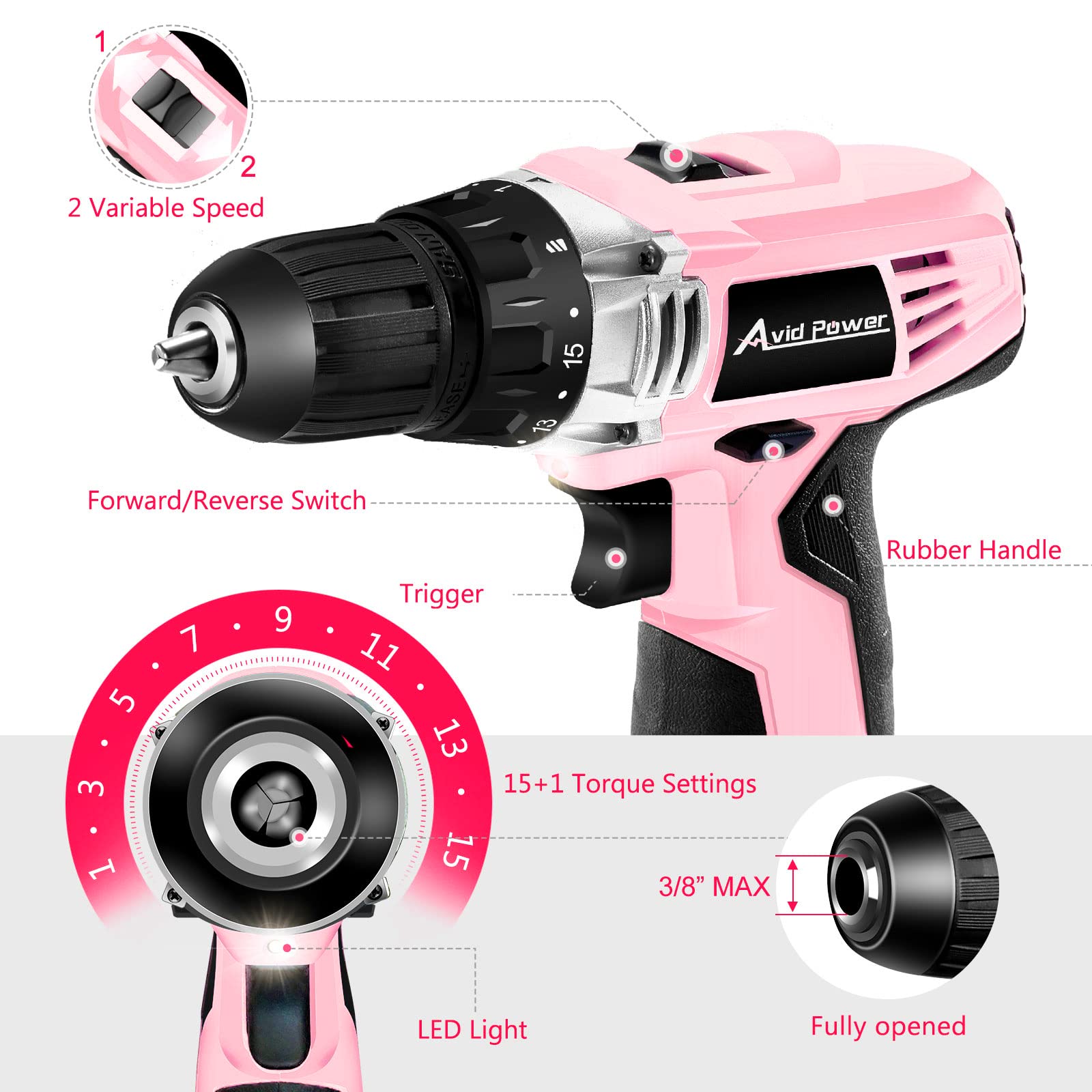 AVID POWER Cordless Drill Pink, 12V Power Drill Set with 22pcs Impact Driver/Drill Bits, 2 Variable Speed, 3/8'' Keyless Chuck, 15+1 Torque Setting (Pink)