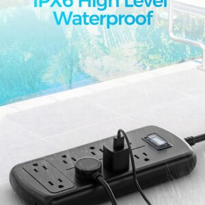 Outdoor Power Strip 8 Outlets, Weatherproof Surge Protector with 6 FT Extension Cord, IPX6 Waterproof, 1875W Overload Protection, Mountable Outlet Extender for Home Patio and Garden, Black