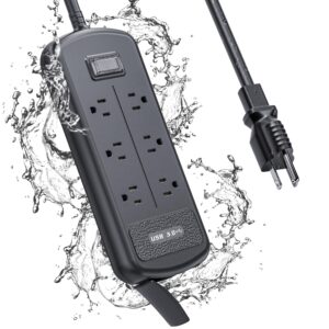 usb outdoor power strip weatherproof, waterproof surge protector with 3 usb ports and 6 outlets, 6 ft extension cord, shockproof overload protection, mountable for home office patio porch