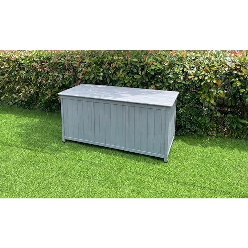 Hanover Wooden Outdoor Cushion Storage Box, Spacious Container for Patio Cushion Storage, Pool Supplies, and Throw Pillows in Grey, All-Weather 8 Cu. Ft. Capacity Outdoor Furniture Cushion Storage