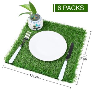 XLX TURF 6 Pack Artificial Grass Square Mats, 12"x12" Green Fake Grass Turf Tiles Table Decor Placemats Party, Patio, DIY Crafts