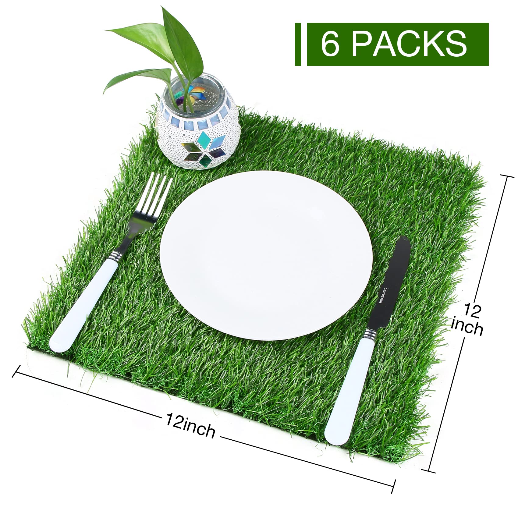 XLX TURF 6 Pack Artificial Grass Square Mats, 12"x12" Green Fake Grass Turf Tiles Table Decor Placemats Party, Patio, DIY Crafts