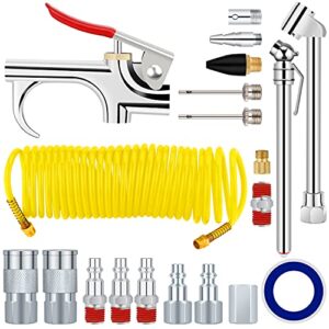 air compressor accessories, creallr 20 pieces air compressor tool kit air hose fittings with 1/4 inch npt plug/connect/coupler, air blow gun, 25ft recoil air hose and dual head air chuck