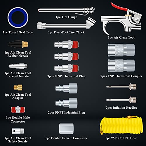 Air Compressor Accessories, Creallr 20 Pieces Air Compressor Tool Kit Air Hose Fittings with 1/4 Inch NPT Plug/Connect/Coupler, Air Blow Gun, 25Ft Recoil Air Hose and Dual Head Air Chuck