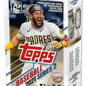 2021 Topps Series 2 Baseball Factory Sealed Blaster Box 7 Packs of 14 Cards plus 1 70th Anniversary Patch Card. MASSIVE 99 Cards, Chase rookie cards of an Amazing Rookie Class such as Ke-Bryan Hayes, Jake Cronenworth, Zach McKinstry, Estevan Florial, Shan