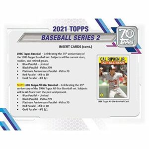 2021 Topps Series 2 Baseball Factory Sealed Blaster Box 7 Packs of 14 Cards plus 1 70th Anniversary Patch Card. MASSIVE 99 Cards, Chase rookie cards of an Amazing Rookie Class such as Ke-Bryan Hayes, Jake Cronenworth, Zach McKinstry, Estevan Florial, Shan