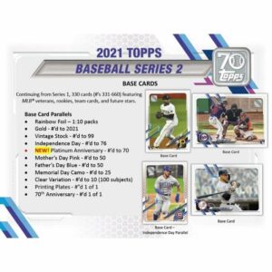 2021 Topps Series 2 Baseball Factory Sealed Blaster Box 7 Packs of 14 Cards plus 1 70th Anniversary Patch Card. MASSIVE 99 Cards, Chase rookie cards of an Amazing Rookie Class such as Ke-Bryan Hayes, Jake Cronenworth, Zach McKinstry, Estevan Florial, Shan