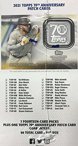 2021 Topps Series 2 Baseball Factory Sealed Blaster Box 7 Packs of 14 Cards plus 1 70th Anniversary Patch Card. MASSIVE 99 Cards, Chase rookie cards of an Amazing Rookie Class such as Ke-Bryan Hayes, Jake Cronenworth, Zach McKinstry, Estevan Florial, Shan