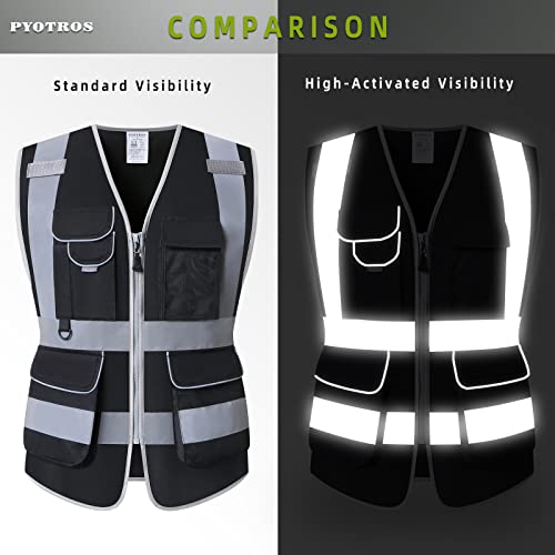 PYOTROS Reflective Safety Vest, High Visibility Construction Vest, 7 Pockets Security Vest, Black Class 2 ANSI/ISEA Surveyor Safety Vest for Women