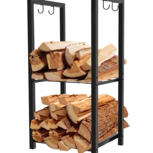 Koutemie 2 Tiers Small Firewood Log Storage Rack Holder for Indoor Fireplace or Outdoor Patio, Black