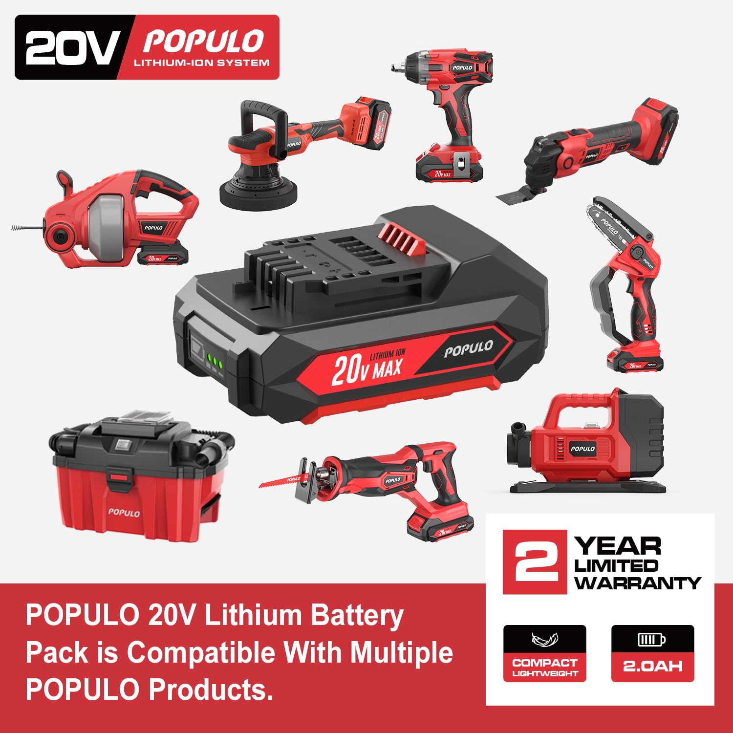 POPULO 20V Cordless Flex Shaft Rotary Tool, Variable Speed Power Rotary Tool Kit with 80 Accessories, 2.0Ah Battery and Charger, Tools used for High-Precision Cutting and Large Wood Carving