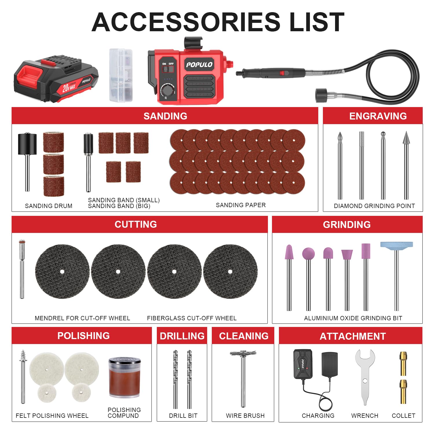 POPULO 20V Cordless Flex Shaft Rotary Tool, Variable Speed Power Rotary Tool Kit with 80 Accessories, 2.0Ah Battery and Charger, Tools used for High-Precision Cutting and Large Wood Carving