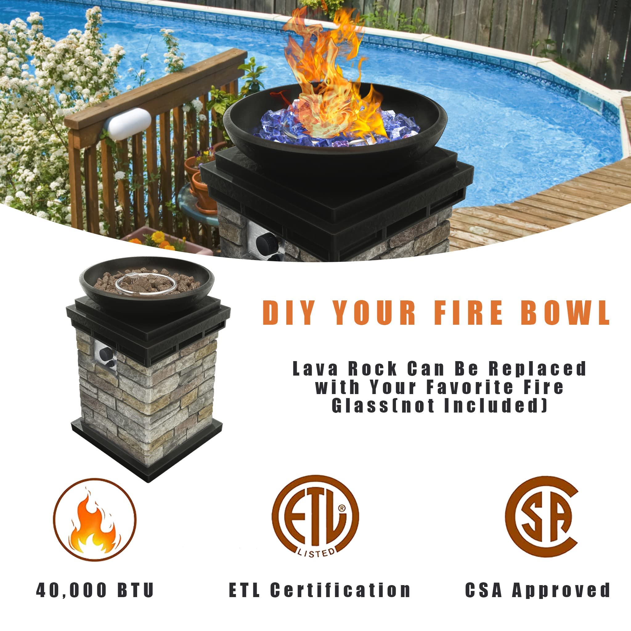 ARLIME Outdoor Propane Burning Fire Bowl, Propane Firebowl Column Realistic Look Firepit Heater, 40,000 BTU Outdoor Gas Fire Pit with Free Lava Rocks, Fits 20lb Tank Inside, Raincover