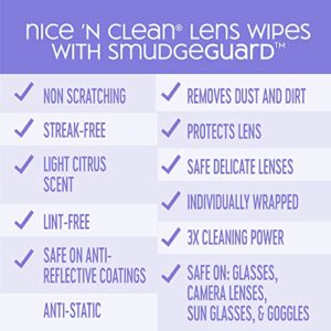 Nice 'n Clean SmudgeGuard Lens Cleaning Wipes (100 Total Wipes) | Pre-Moistened Individually Wrapped Wipes | Non-Scratching & Non-Streaking | Safe for Eyeglasses, Goggles, & Camera Lens