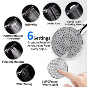 High Pressure Shower Head with Hose,removable Power Showerhead with Handheld 6 Spray Setting,Big Large Adjustable Powerful Shower Wand for Low Water Pressure with On Off Switch Bracket Teflon Tape