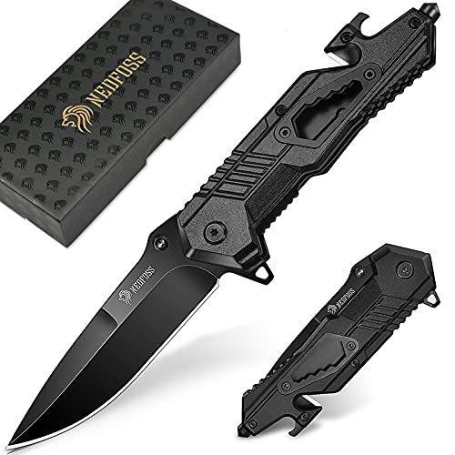 NedFoss AK10 Pocket Knife for Men, 5 IN 1 EDC Folding Knife Gifts for Men, Survival Knife with Liner Lock, Cool Knife with Glass Breaker, Seat Belt Cutter, Pocket Clip