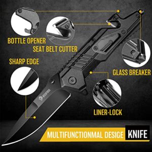 NedFoss AK10 Pocket Knife for Men, 5 IN 1 EDC Folding Knife Gifts for Men, Survival Knife with Liner Lock, Cool Knife with Glass Breaker, Seat Belt Cutter, Pocket Clip