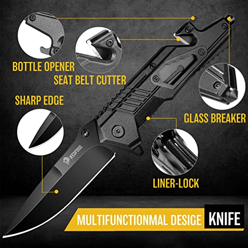 NedFoss AK10 Pocket Knife for Men, 5 IN 1 EDC Folding Knife Gifts for Men, Survival Knife with Liner Lock, Cool Knife with Glass Breaker, Seat Belt Cutter, Pocket Clip