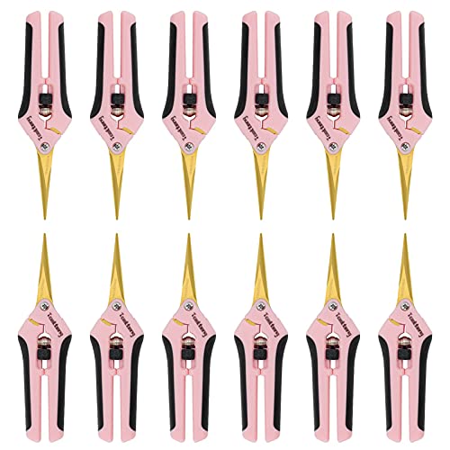 TOOLTENG 12 Packs Pruning Shears with Curved Blades, Garden Trimming Scissors, Gardening Hand Pruning Snips Titanium Coated Precision Bonsai Pruning Shears, Efficient Flower Cutters (Pink)