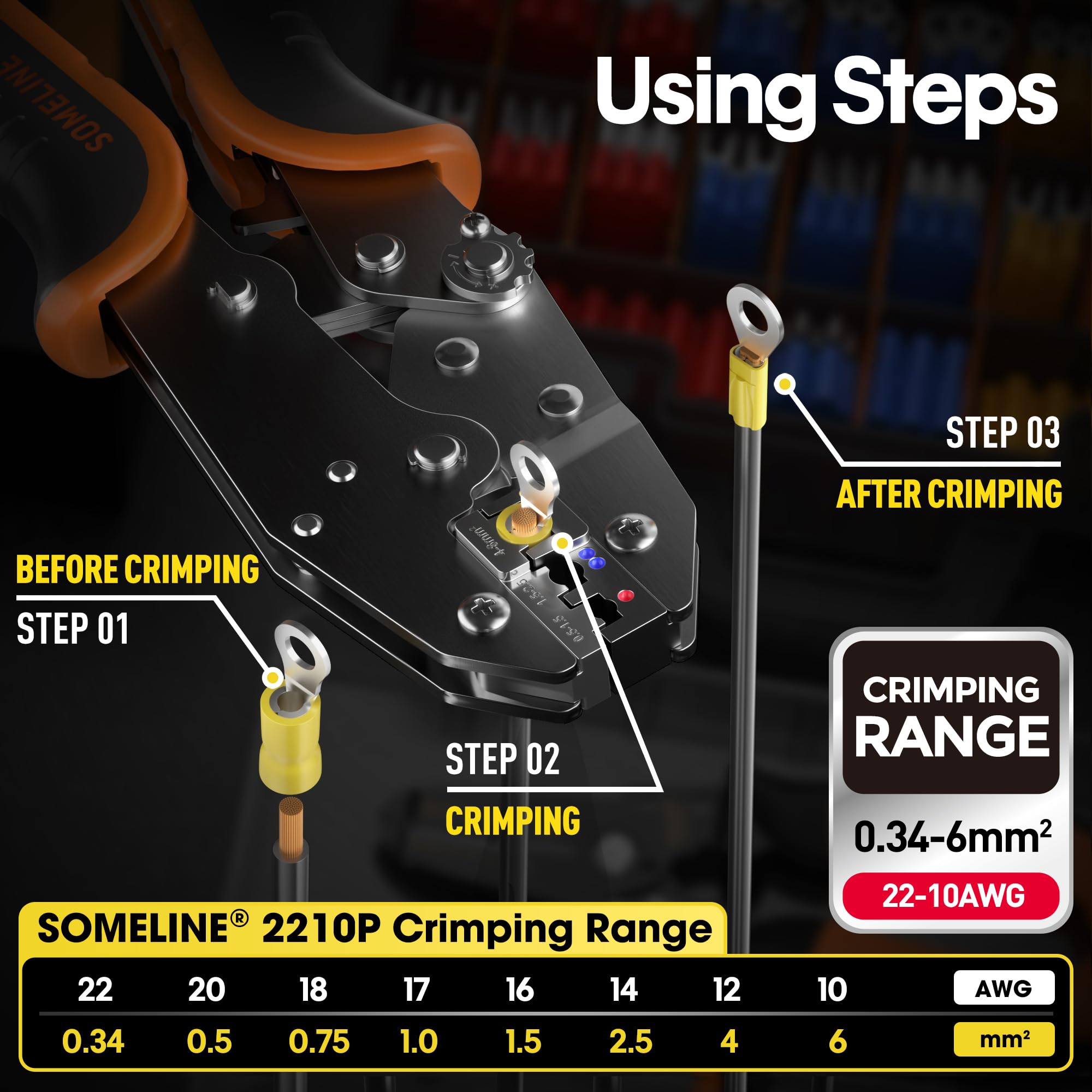 SOMELINE® Wire Terminals Crimping Tool, with 39 Sizes Insulated Ratcheting Terminals Crimper Kit of AWG 22-10 Insulated Electrical Butt Bullet Spade Fork Ring Spade Splice Crimp Terminals