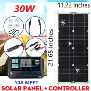 30W Solar Trickle Charger Maintainer "Full Circuit" Higher Efficiency 12V PV Panel with Latest "10" Amps 12V/ 24V (MPPT+PWM) Easy Plug & Play. Suitable for acided batterys.