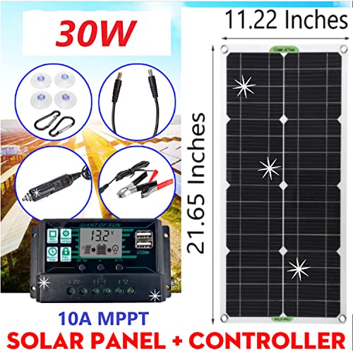 30W Solar Trickle Charger Maintainer "Full Circuit" Higher Efficiency 12V PV Panel with Latest "10" Amps 12V/ 24V (MPPT+PWM) Easy Plug & Play. Suitable for acided batterys.